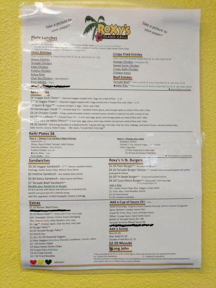 Menu at Roxy's Island Grill restaurant, Canby