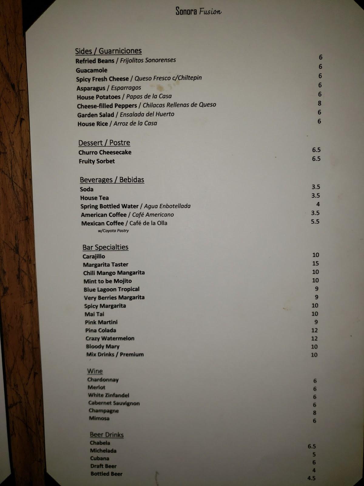 Menu at Sonora Fusion steakhouse, El Centro