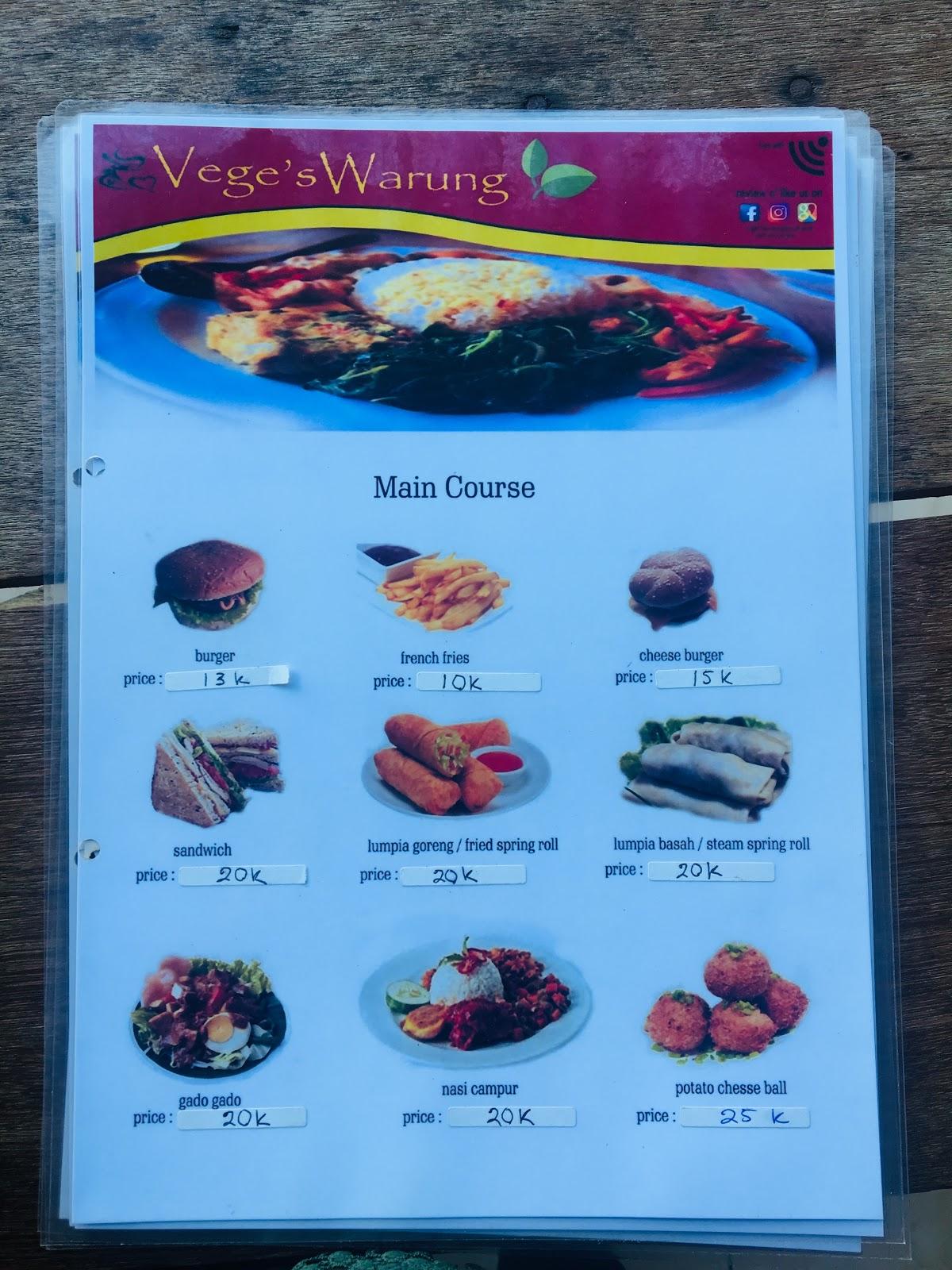 Menu at Papege s warung restaurant, Ubud