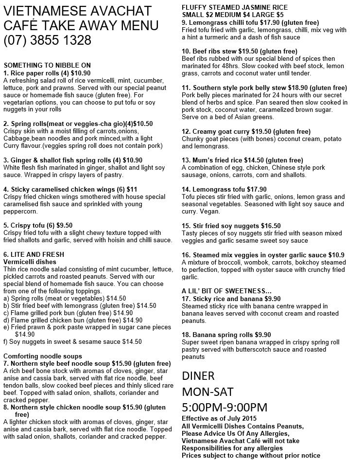 Menu at Vietnamese Avachat Cafe, Mitchelton, 6/48 Blackwood St