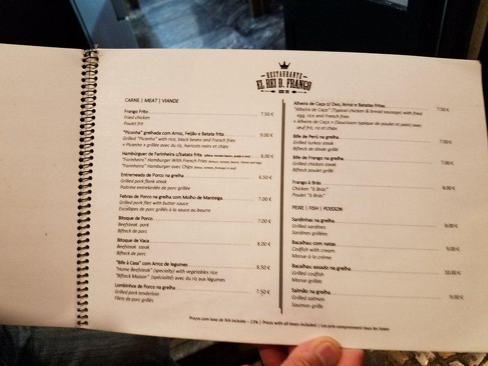 Menu at El-Rei Dom Frango restaurant, Lisbon