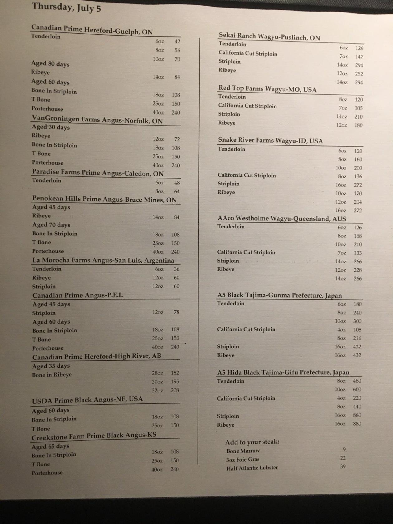 Menu at Jacobs & Co. Steakhouse, Toronto, 12 Brant St