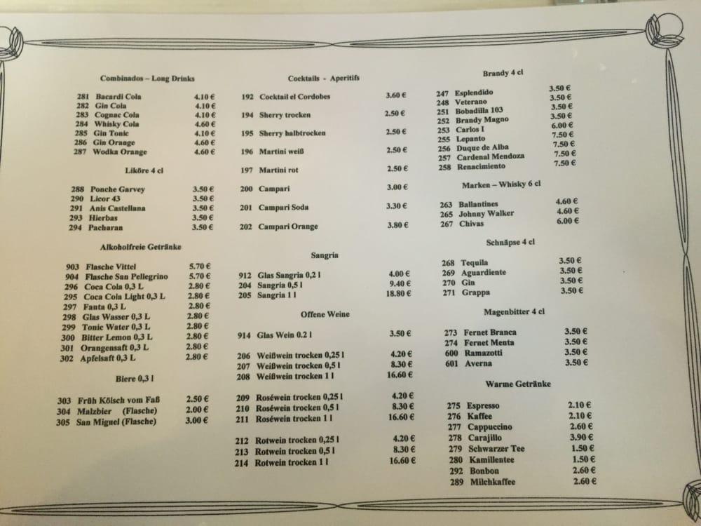 Menu at Meson El Cordobes restaurant, Cologne