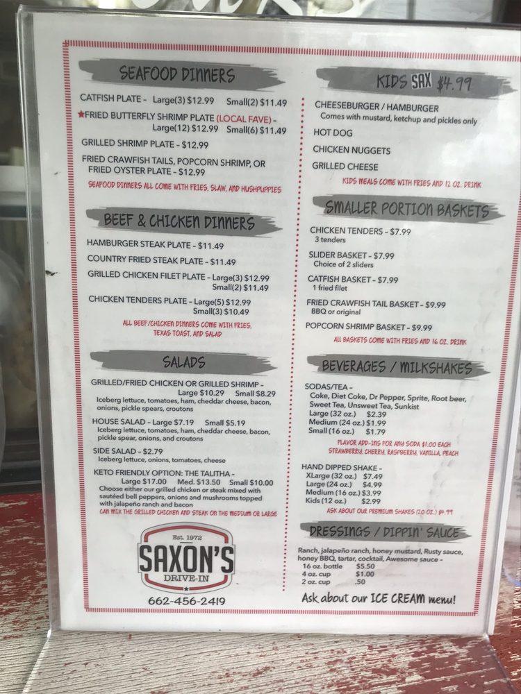 Menu at Saxon's Drive In restaurant, Houston