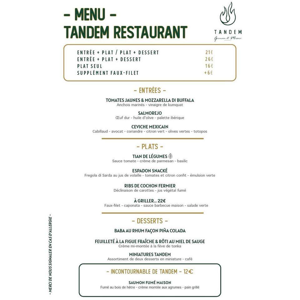 Menu au Tandem restaurant, Grabels, Rue de la Valsière