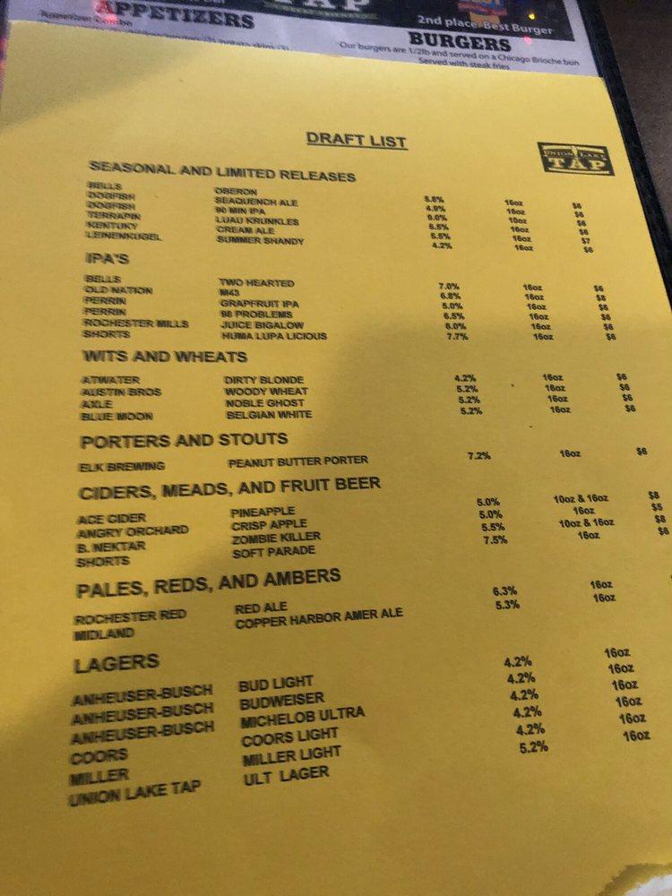 Menu at Union Lake Tap Bar and Grill, Waterford Township