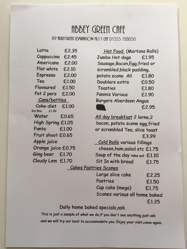 Menu at Abbeygreen Cafe, Lesmahagow