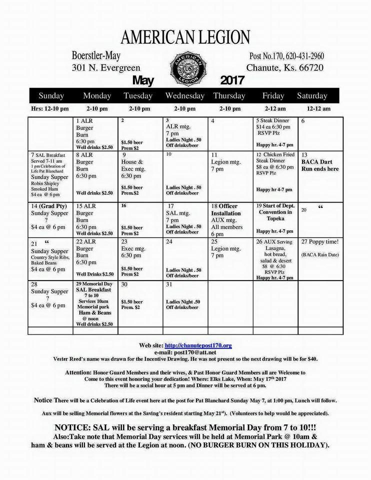 Menu at Boerstler-May American Legion Post 170, Chanute