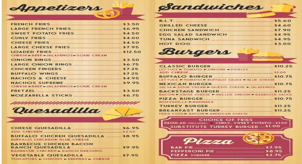 Menu at Backstage pub & bar, Woodmere