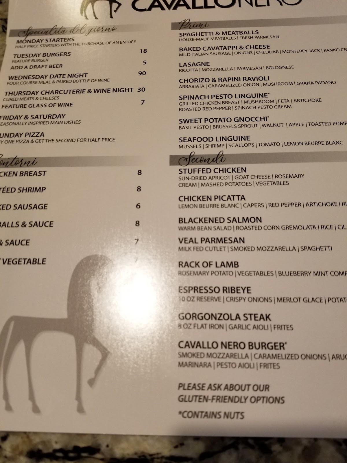 Carta del restaurante Cavallo Nero, Hamilton