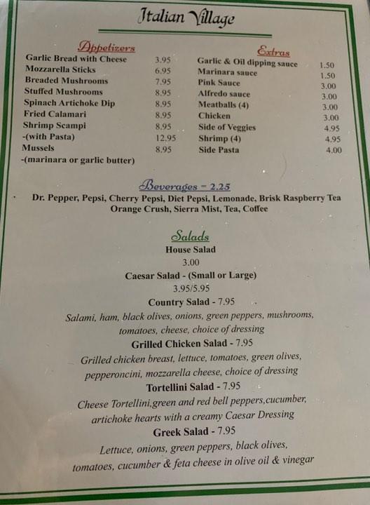 Menu at Italian Village restaurant, Corsicana