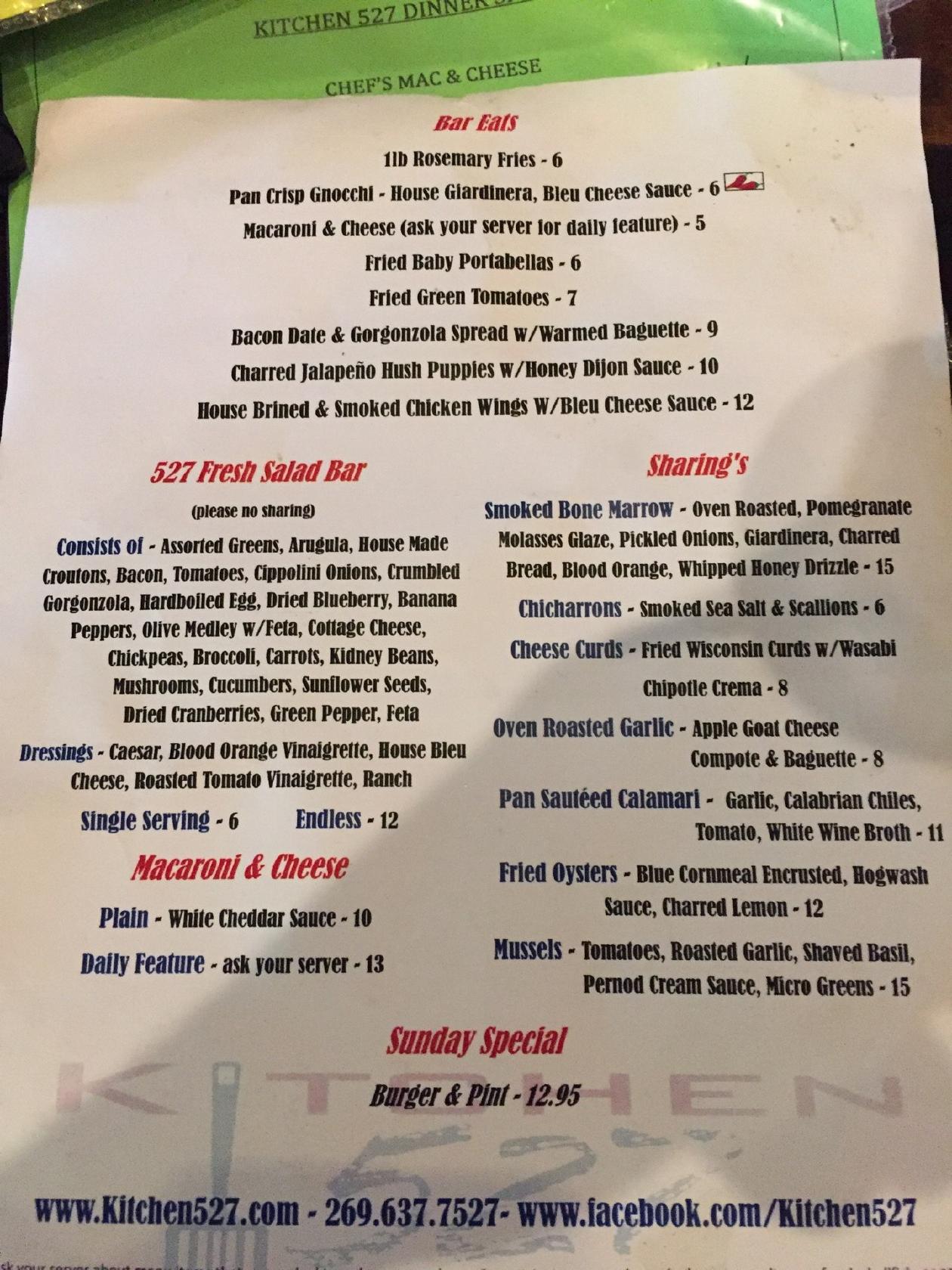 Menu at Kitchen 527 pub & bar, South Haven