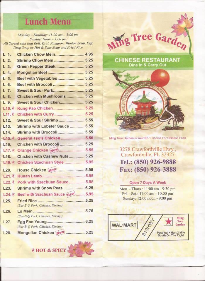 Menu at New ming tree restaurant, Crawfordville