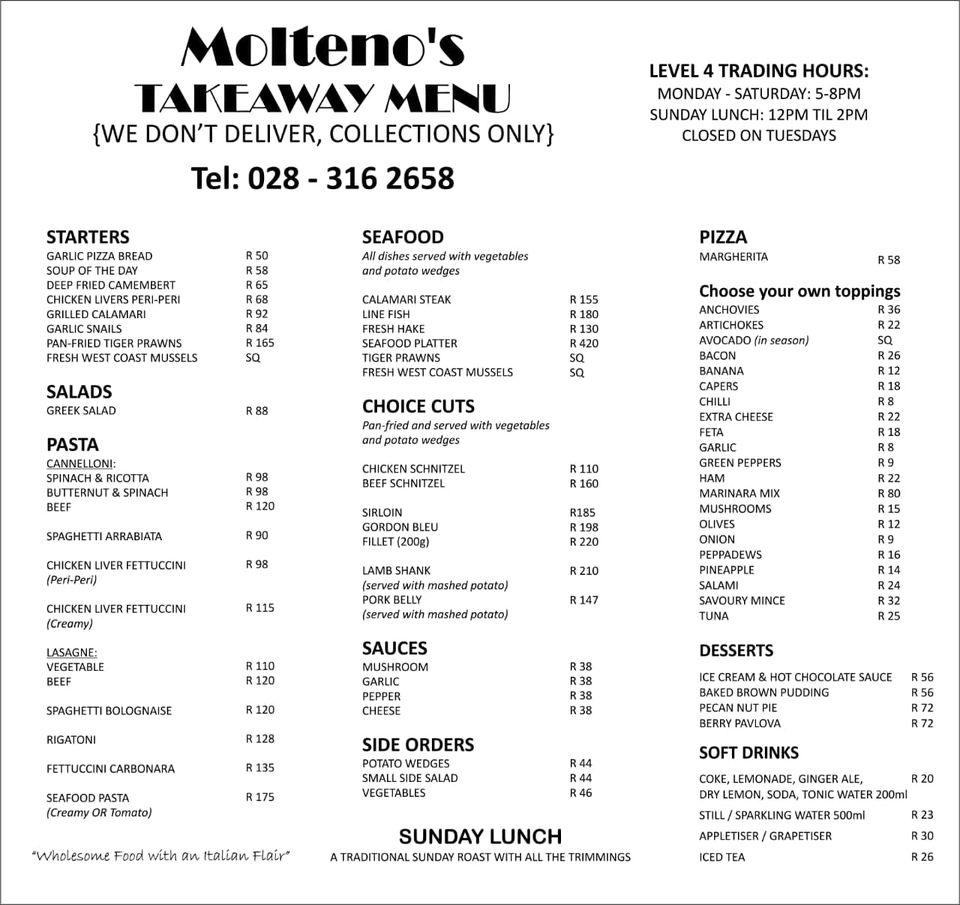 Menu at Moltenos restaurant, Onrus