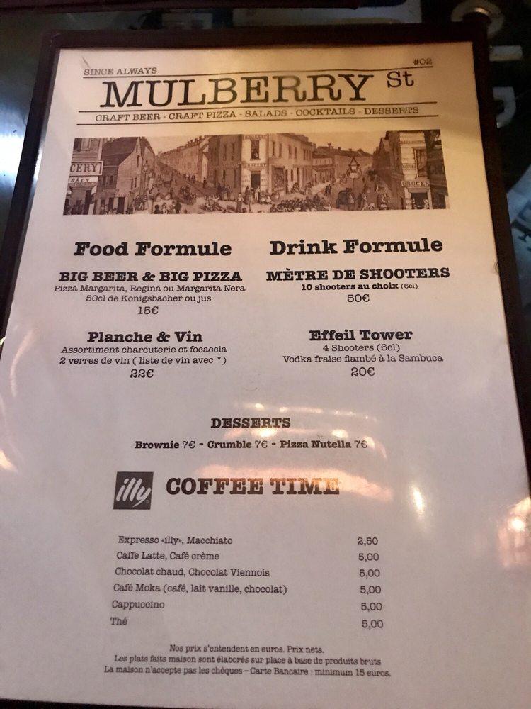 Menu at Mulberry Street pizzeria, Paris