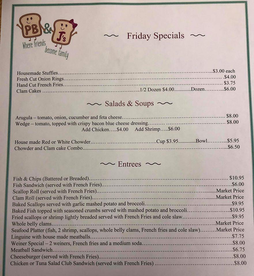 Menu at PB & Js restaurant, Warwick