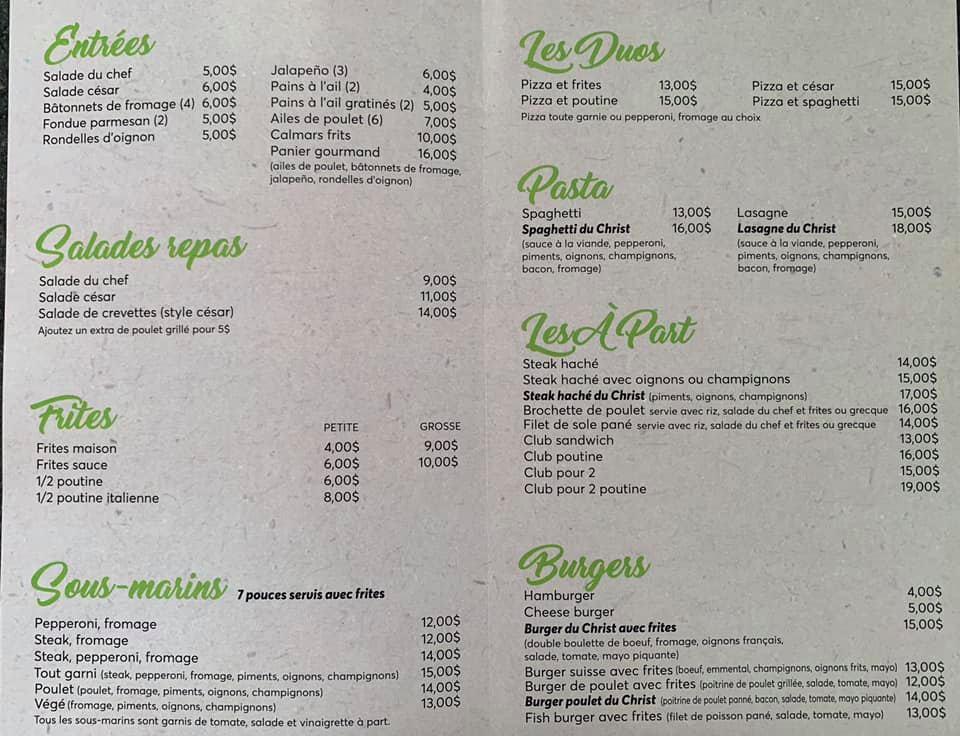 Menu au Pizzeria Le Christian, Berthierville