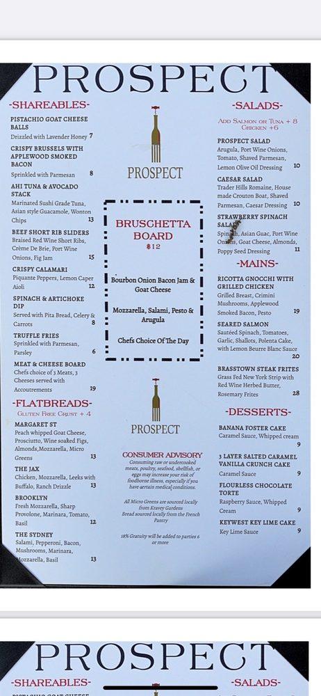 Menu at Prospect five points pub & bar, Jacksonville, Margaret St