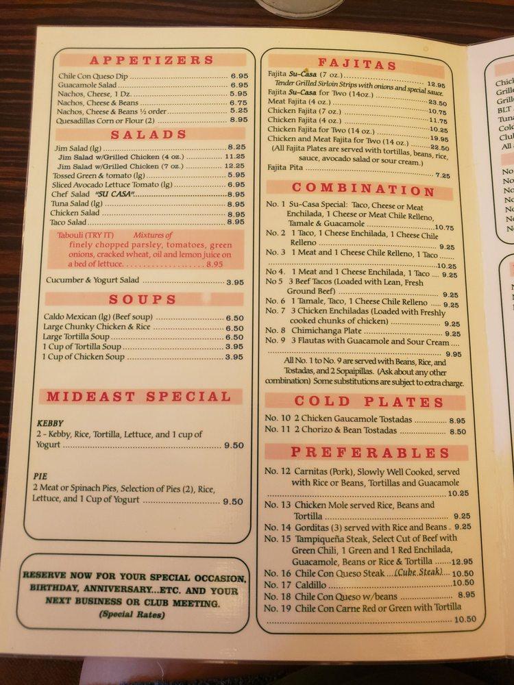 Menu at Su-Casa Restaurant, El Paso, Yandell Dr