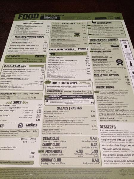 Menu at The Baron, Hinckley