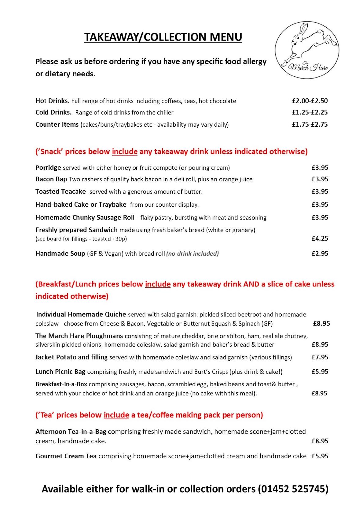Carta del café The March Hare, Gloucester