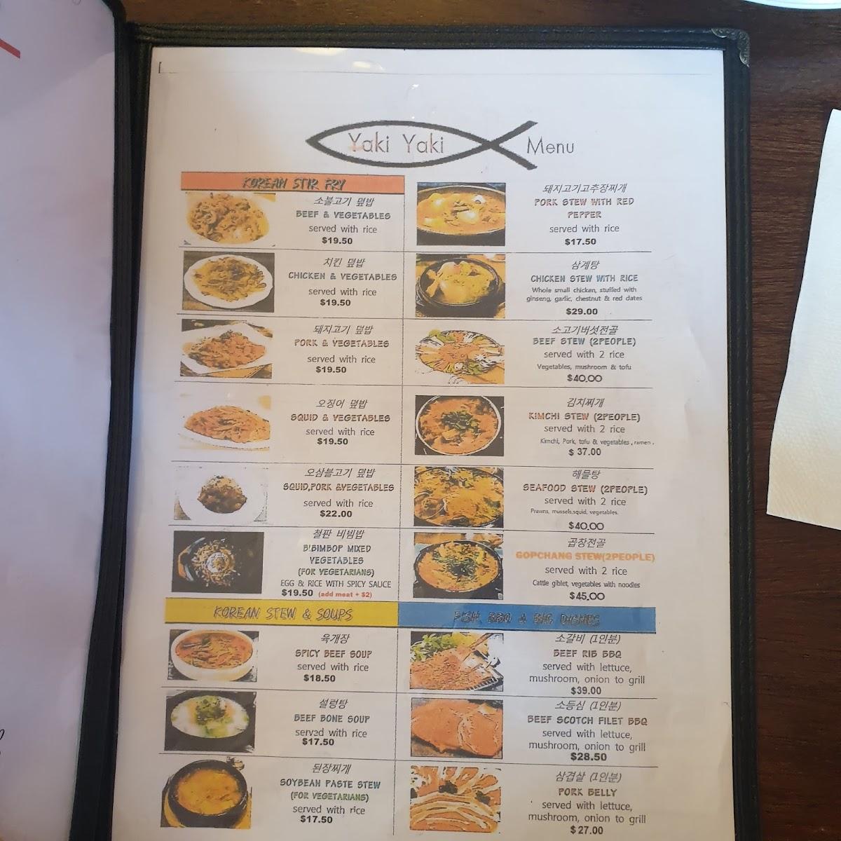 Menu at Yaki Yaki Korean Restaurant, Rotorua