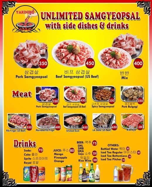 Menu at Yakiniku K-Resto Subic Bay restaurant, Olongapo