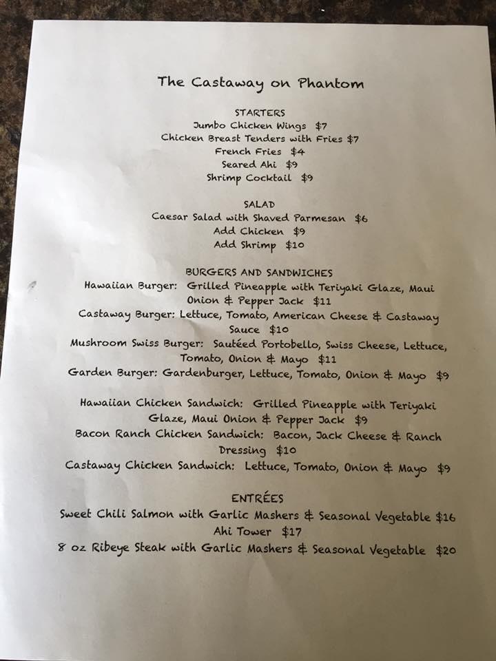 Menu at The Castaway On Phantom pub & bar, Mukwonago