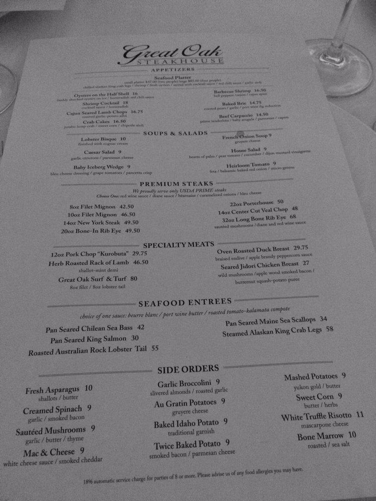 Menu at The Great Oak Steakhouse, Temecula, Pechanga Pkwy