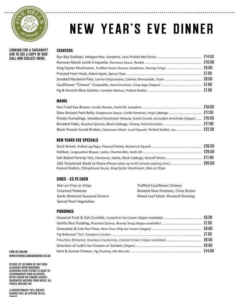 Menu at The Five Bells Inn pub & bar, Aldington