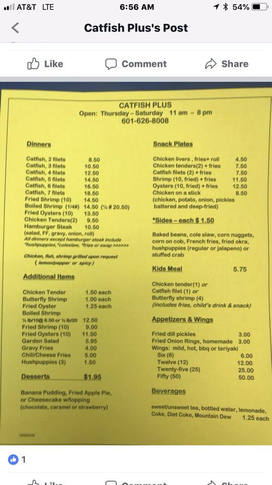 Menu at Catfish Plus restaurant, Collinsville, A MS-19 N