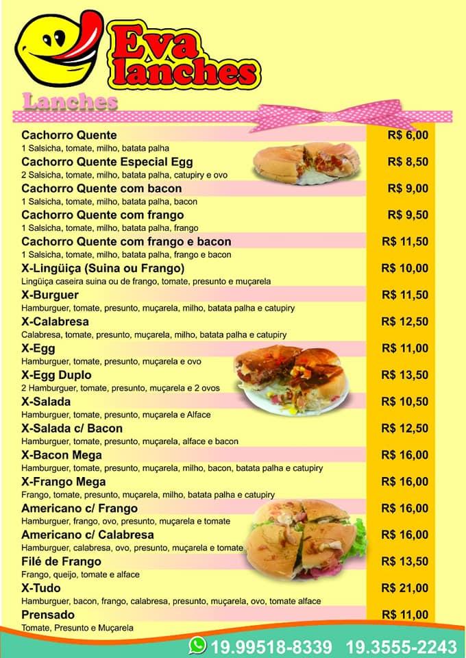 Menu at Eva Lanches cafeteria, Leme