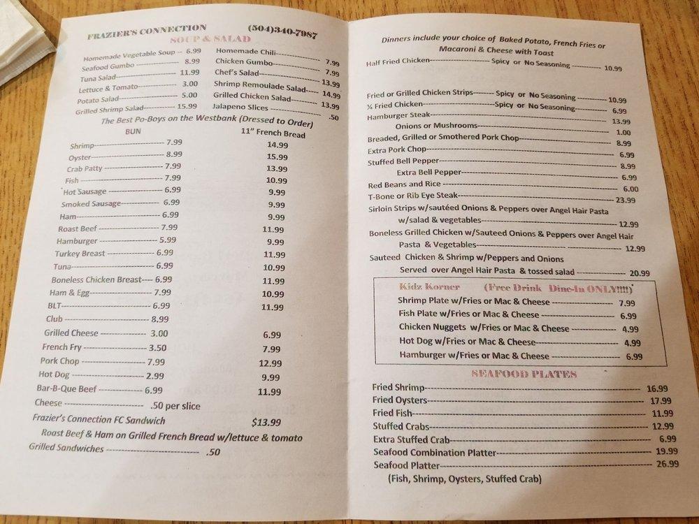 Menu at Frazier's Connection restaurant, Marrero