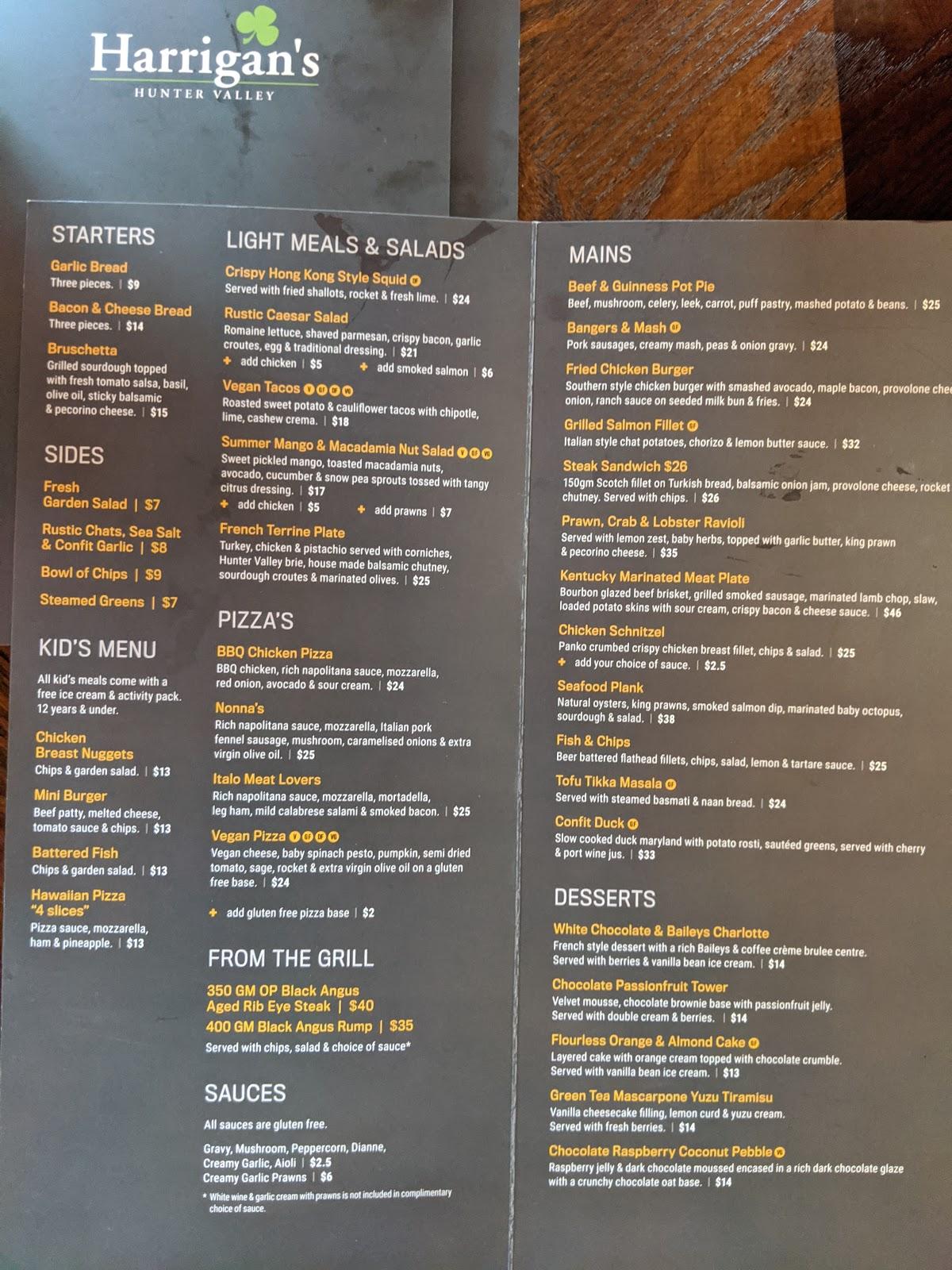 Menu at Harrigan's Hunter Valley steakhouse, Pokolbin