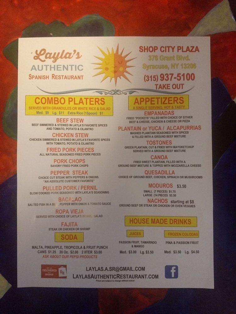 Menu at Layla's Authentic Spanish Restaurant, Syracuse, 376 Grant Blvd
