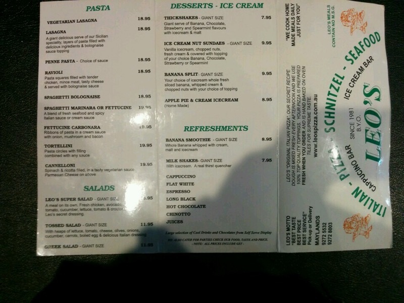 Menu at Leo's Pizza pizzeria, Maylands