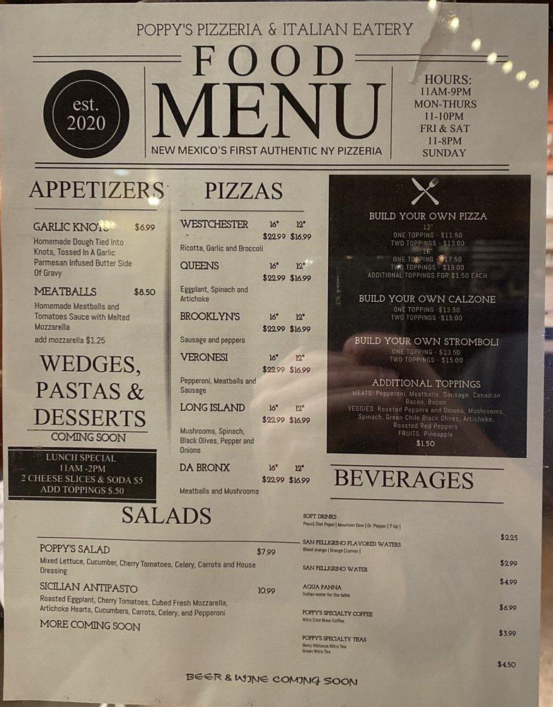 Menu at Poppy's Healthy Meals pizzeria, Albuquerque