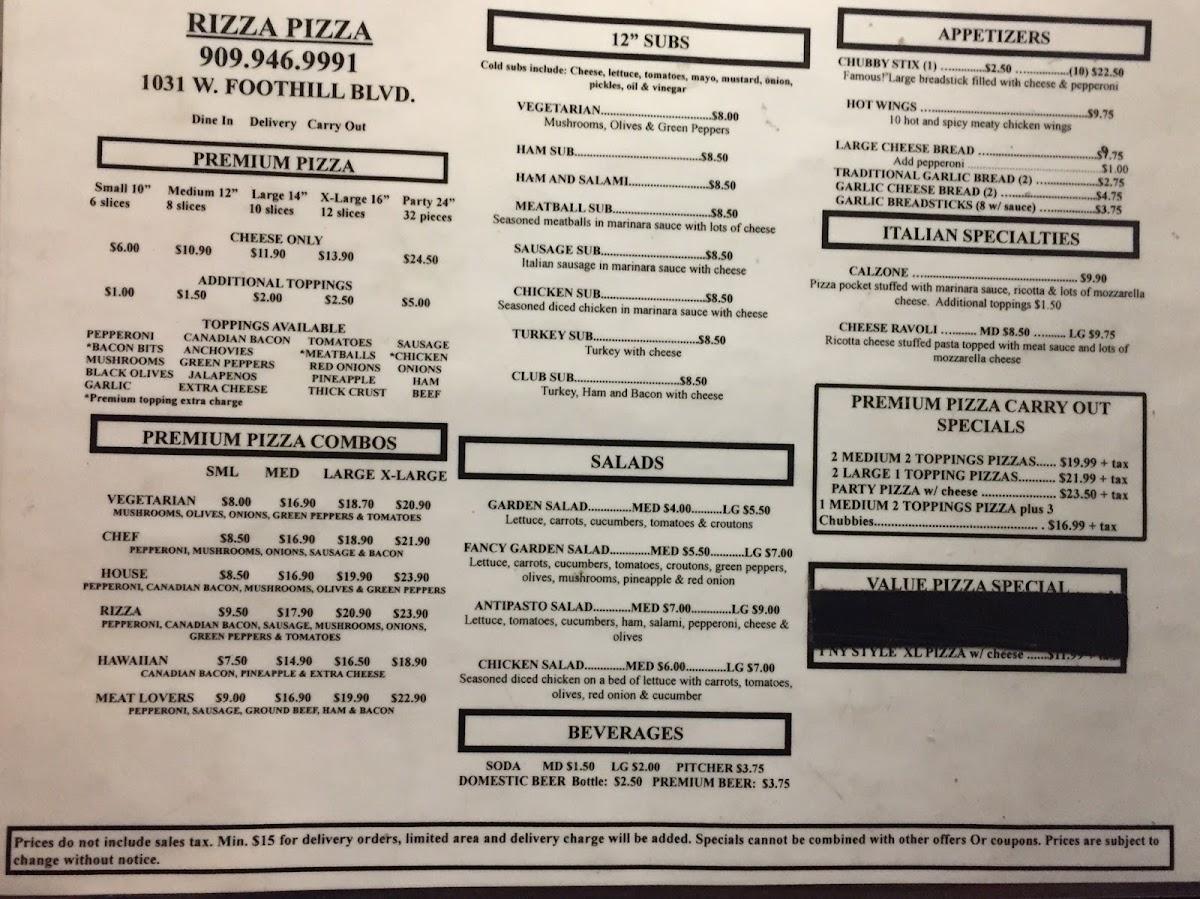 Menu at RIZZA PIZZA pizzeria, Upland