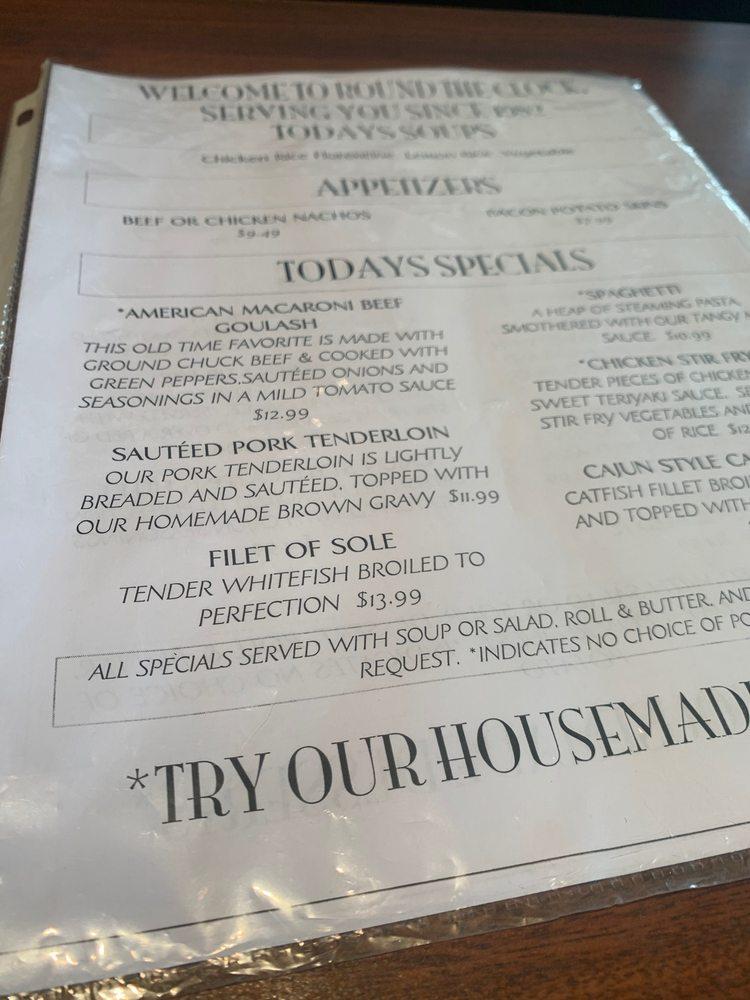 Menu at Round the Clock restaurant, La Porte