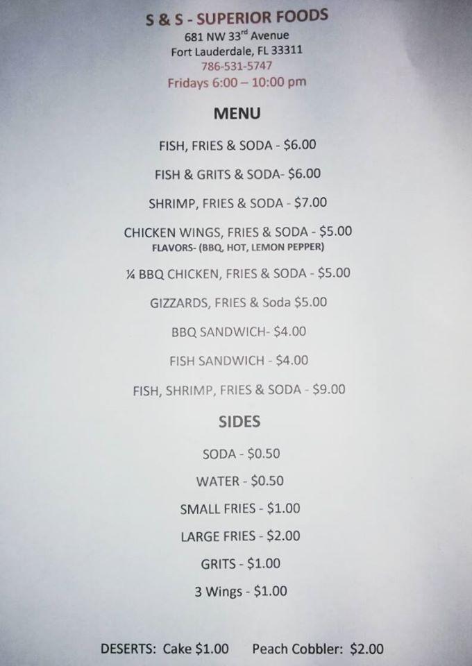 Menu at S&S Superior Foods restaurant, Lauderhill
