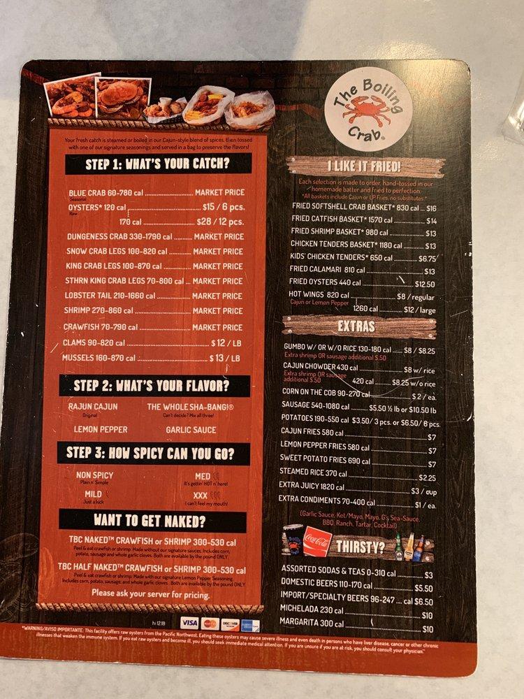 Menu at The Boiling Crab restaurant, Honolulu