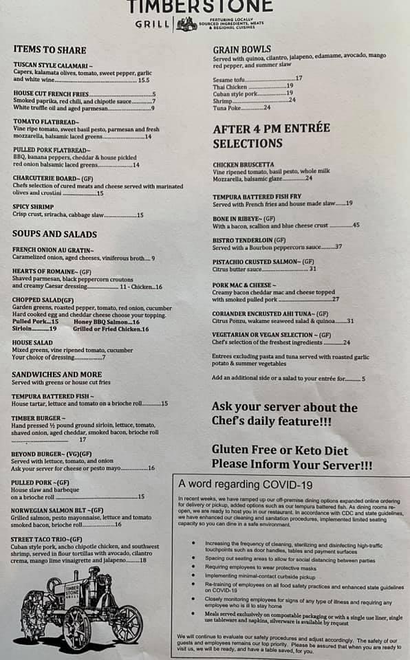 Menu at Timber Stone Grill pub & bar, Hammondsport