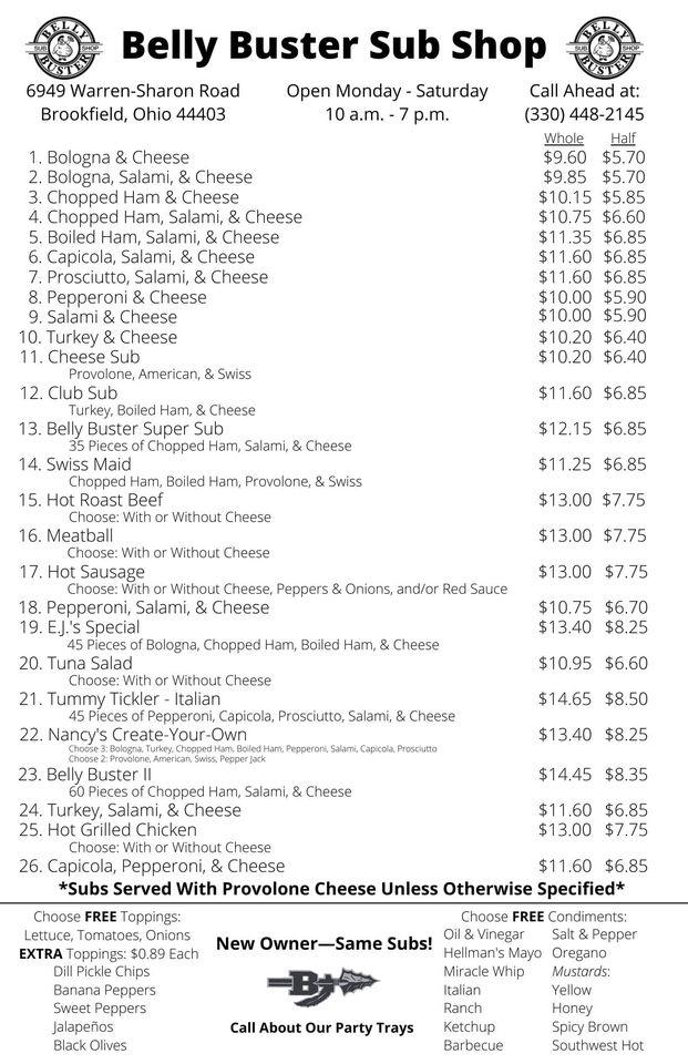 Menu at Belly Buster restaurant, Brookfield Center