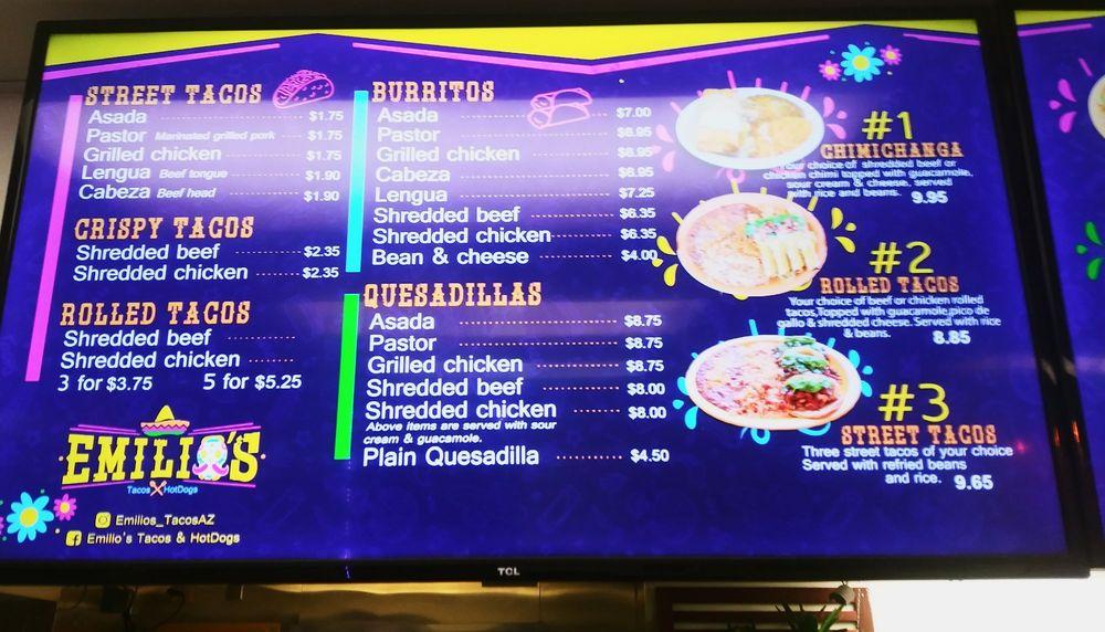 Menu at Emilio’s Tacos & Hotdogs restaurant, Phoenix