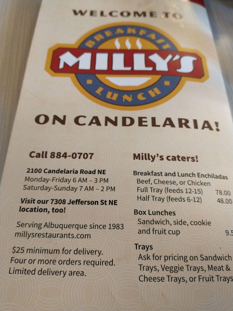Menu at Milly's Breakfast Lunch restaurant, Albuquerque, Candelaria Rd NE