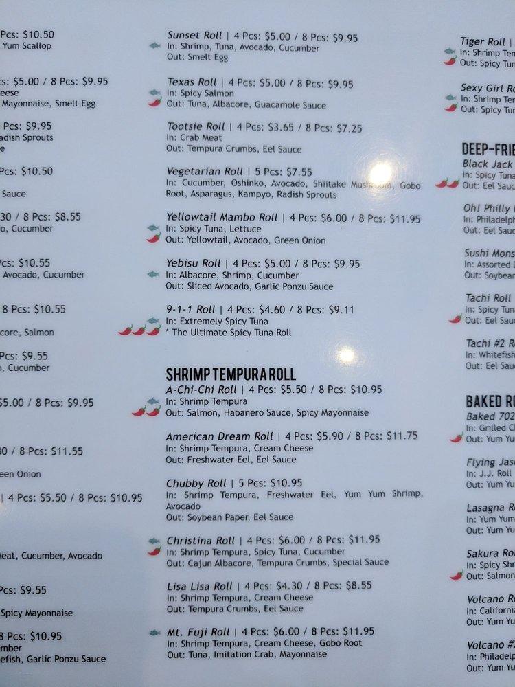 Menu at Sushi Tachi restaurant, North Las Vegas