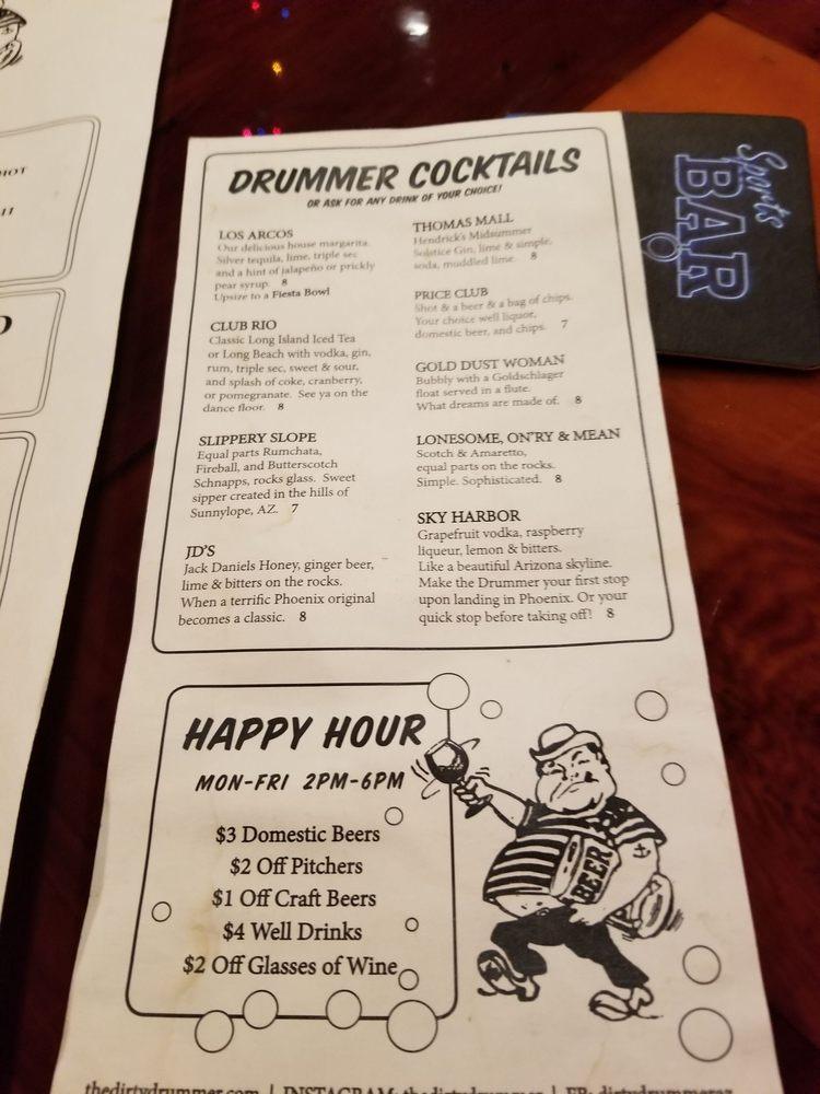 Menu at The Dirty Drummer pub & bar, Phoenix, N 44th St
