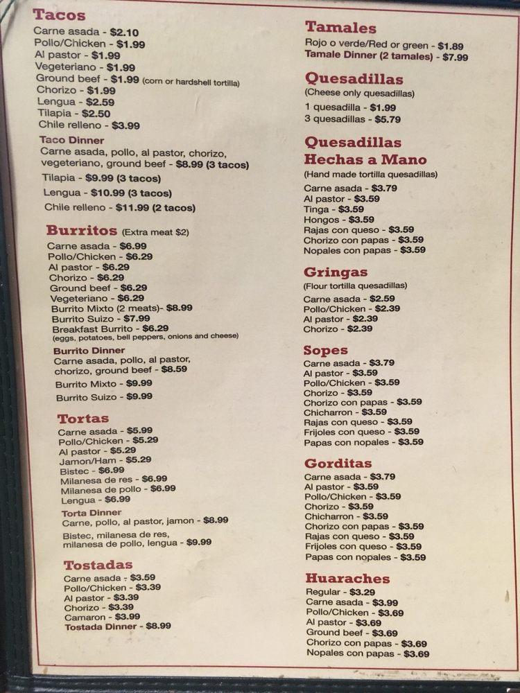 Carta del restaurante taqueria la estrella, Chicago, N Milwaukee Ave