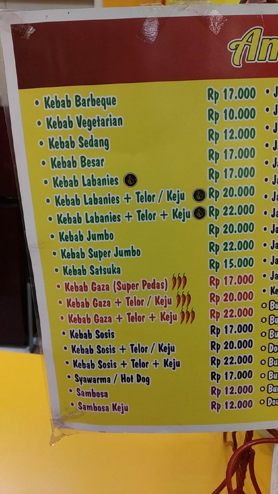 Menu at Amirah Kebab, Malang
