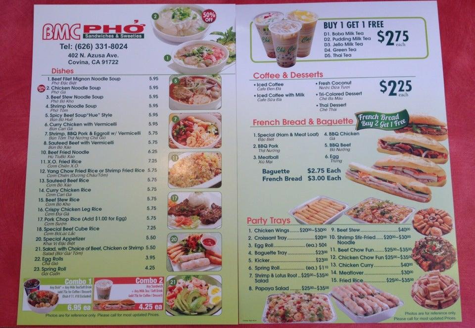Menu at BMC Pho restaurant, Covina, 402 N Azusa Ave